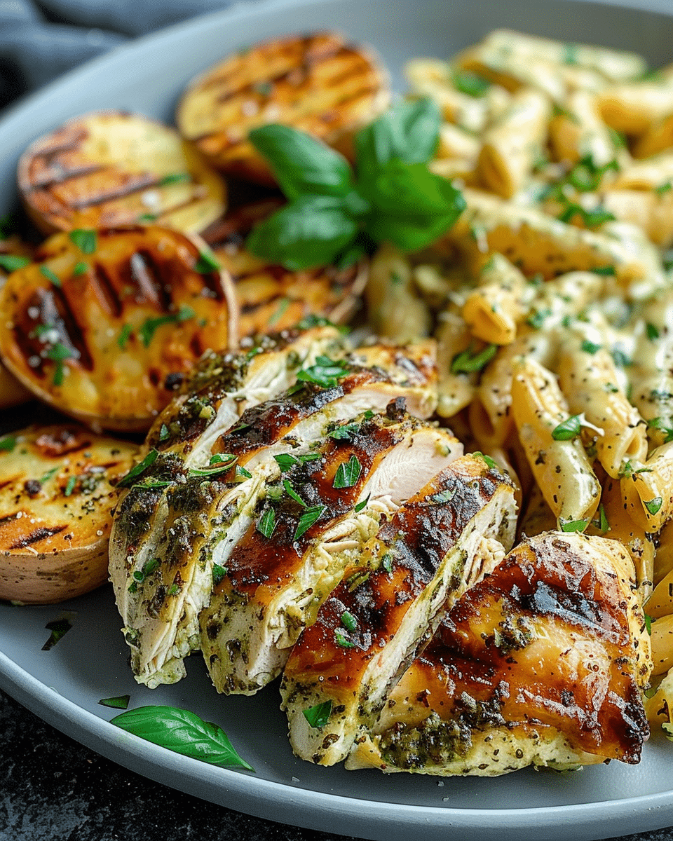 Loaded Herb Grilled Chicken with Creamy Pesto Pasta & Roasted Potatoes ...