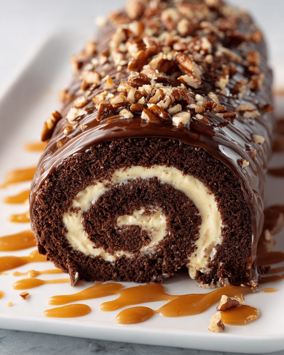 Gooey Chocolate Caramel Turtle Cake Roll | Ella Dishes