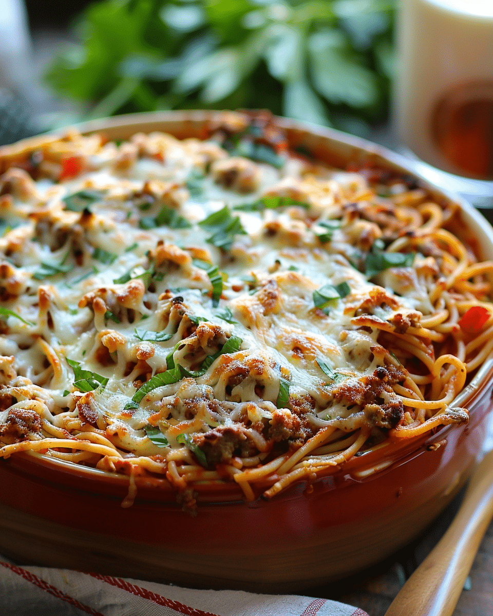 Layered Baked Cream Cheese Spaghetti Bowl | Ella Dishes