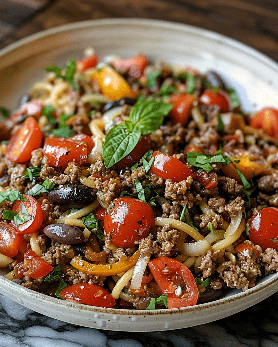 Mediterranean Ground Beef Stir Fry | Ella Dishes