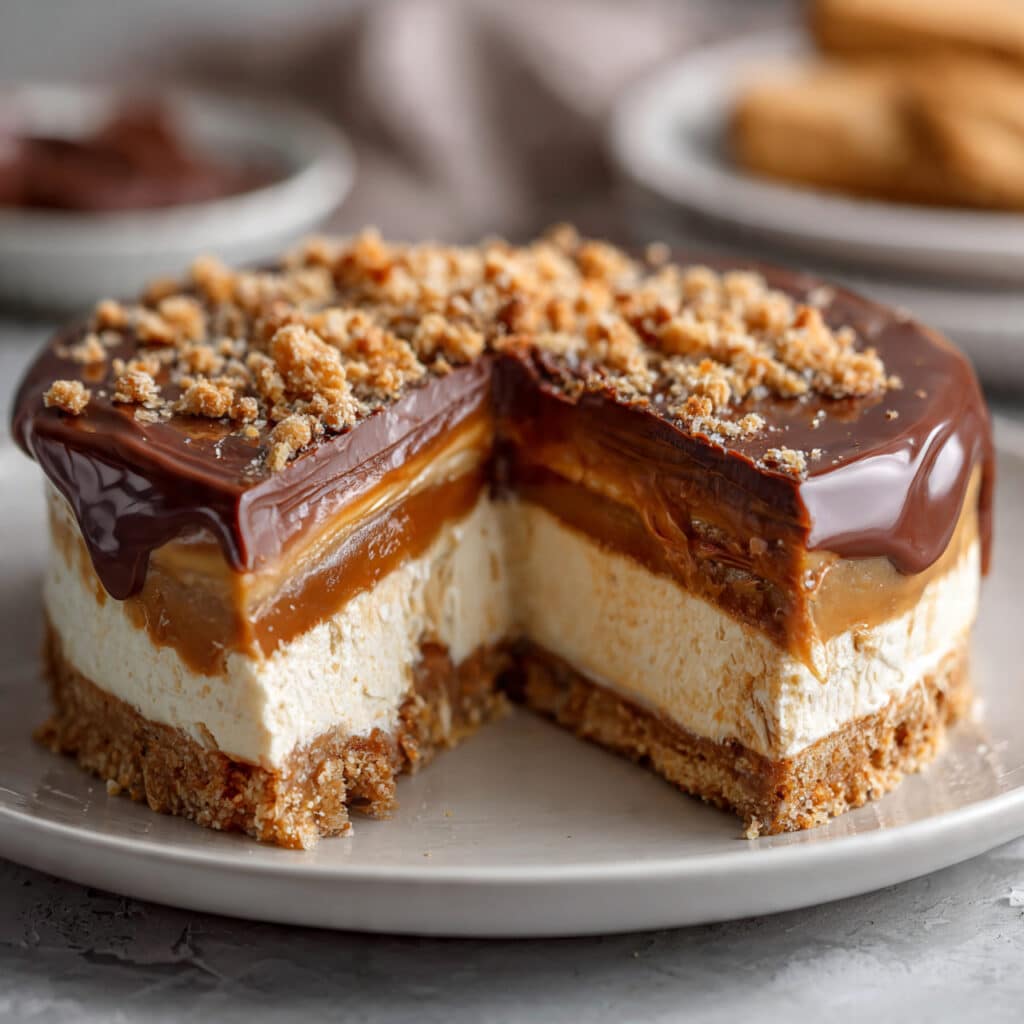 Homemade No-Bake Twix Cheesecake | Ella Dishes