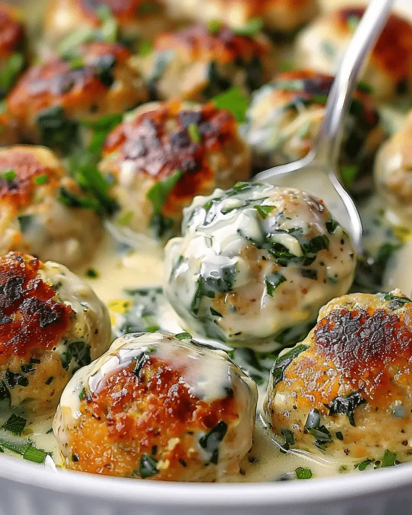Baked Chicken Ricotta Meatballs with Spinach Alfredo Sauce | Ella Dishes