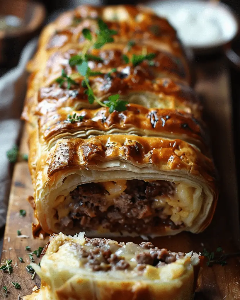 Golden Beef & Cheese Stuffed Puff Pastry Loaf | Ella Dishes