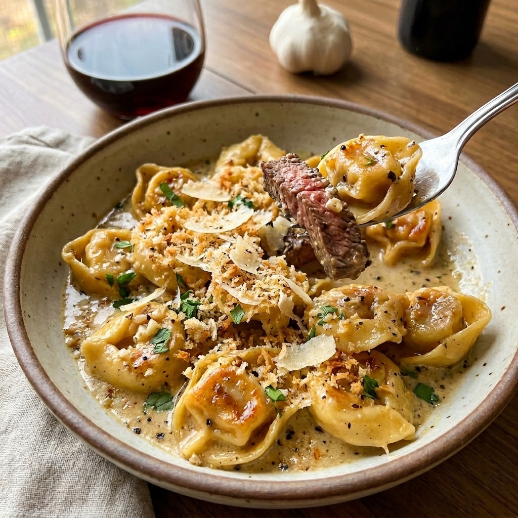 Irresistible Cracked Garlic Steak Tortellini in Creamhouse Sauce | Ella ...