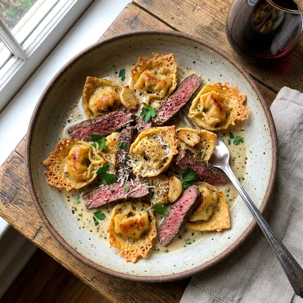 Irresistible Cracked Garlic Steak Tortellini in Creamhouse Sauce | Ella ...